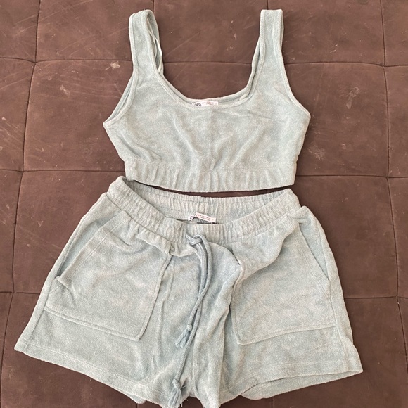 Zara | Other | Zara Teal Blue Terry Cloth Crop Top And Shorts Set ...